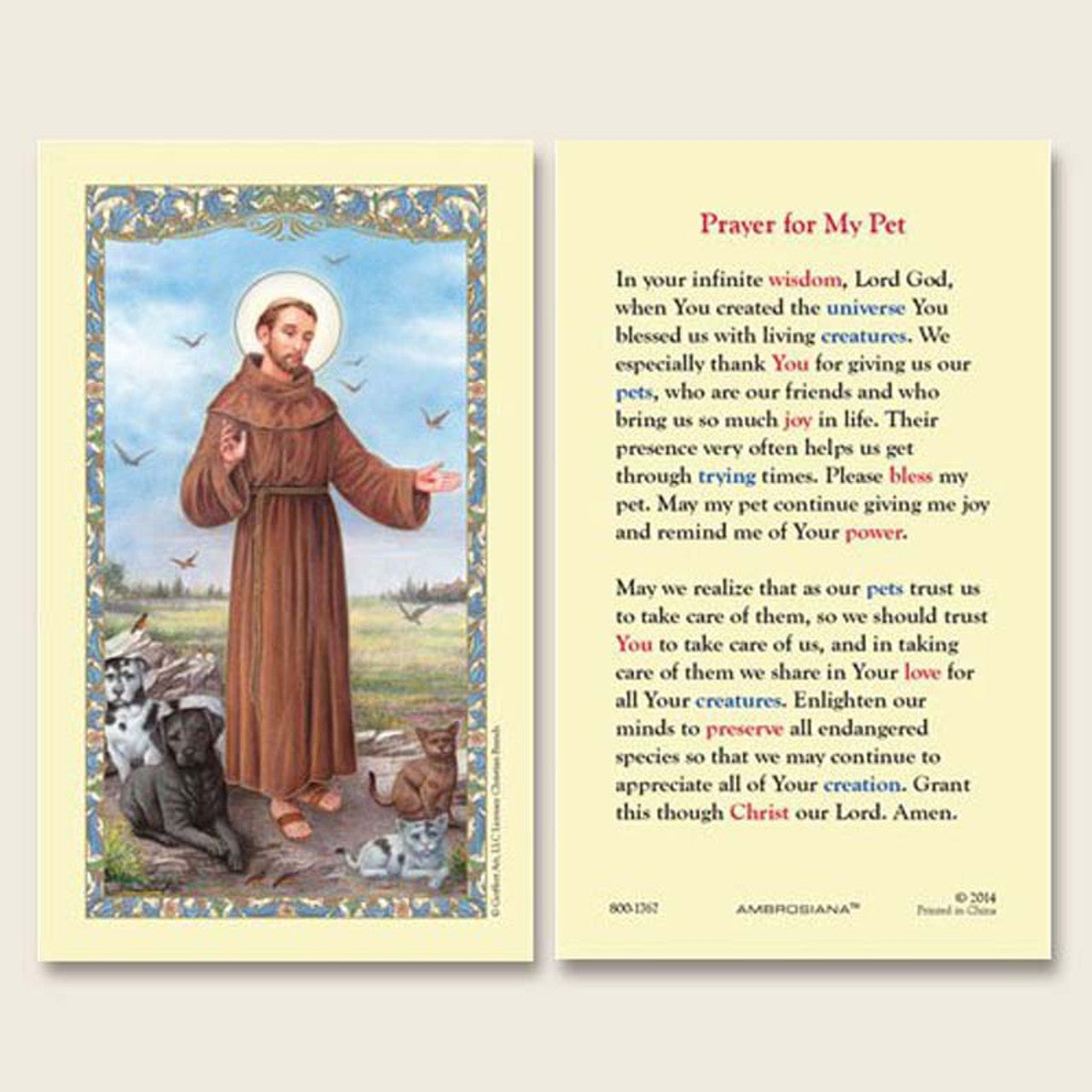 Saint Francis of Assisi Pet Prayers Laminated Holy Card | "Prayer for – CFaithS