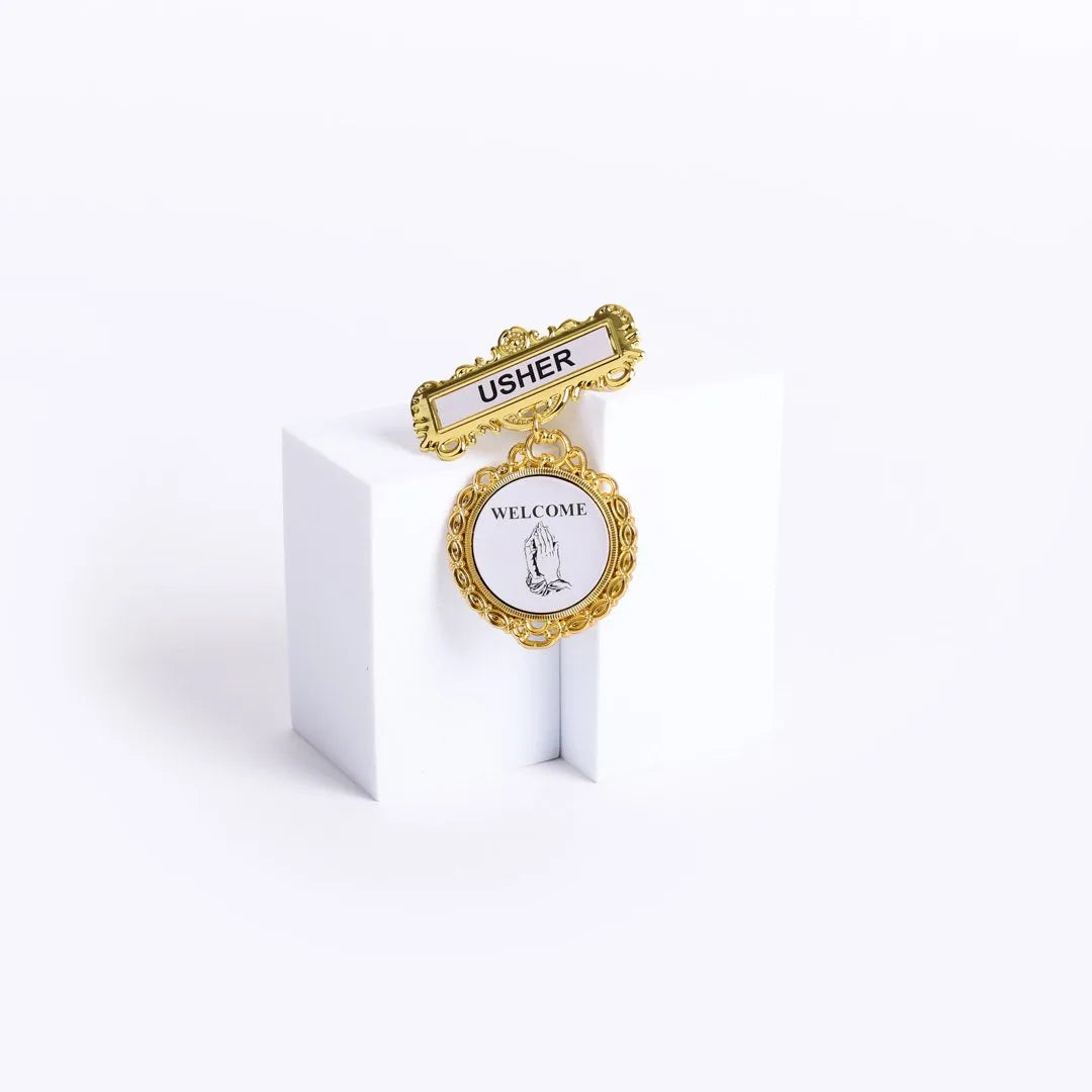 Badge Fancy Round Usher Praying Hands Welcome Pin – CFaithS