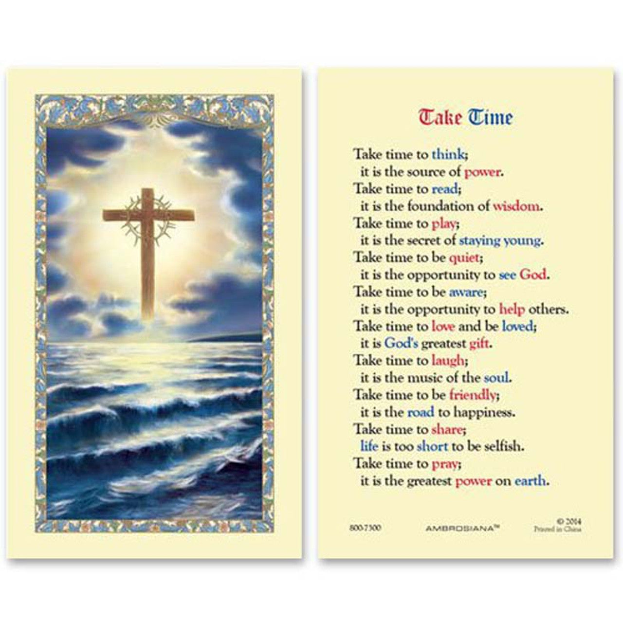 Cross on the Ocean Laminated Holy Card | "Take Time" Poem – Pack of 25 ...