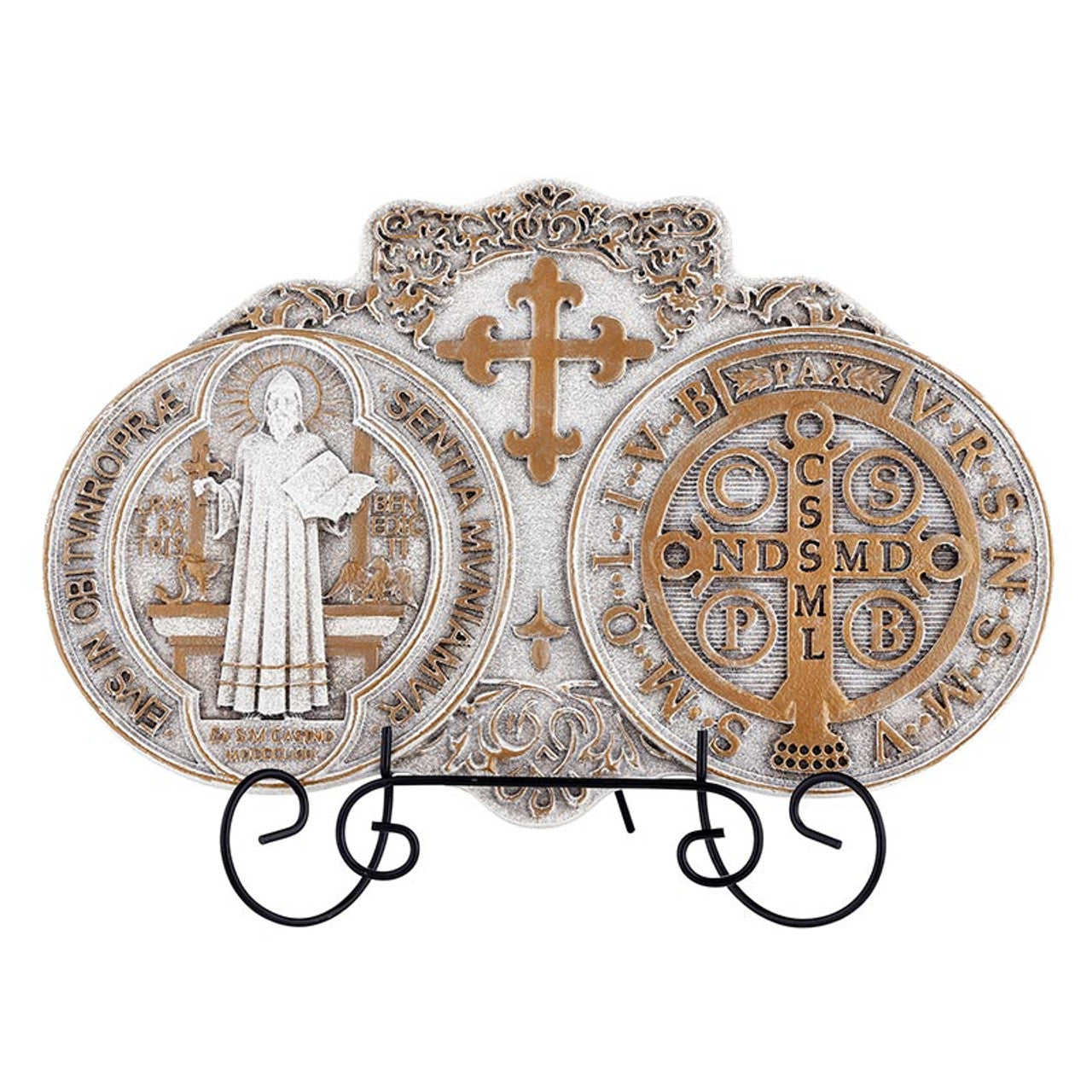 Saint Benedict Medal Plaque | Resin with Metal Stand | 11" W x 7-1/2 ...